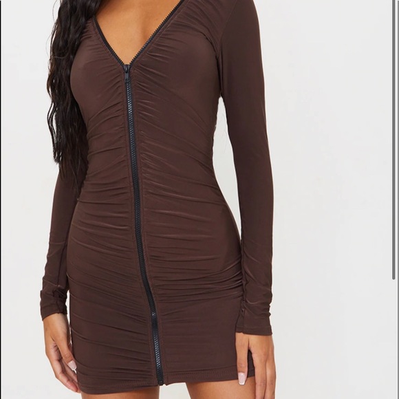 PrettyLittleThing | Dresses | Plt Chocolate Slinky Mini Dress Zip ...